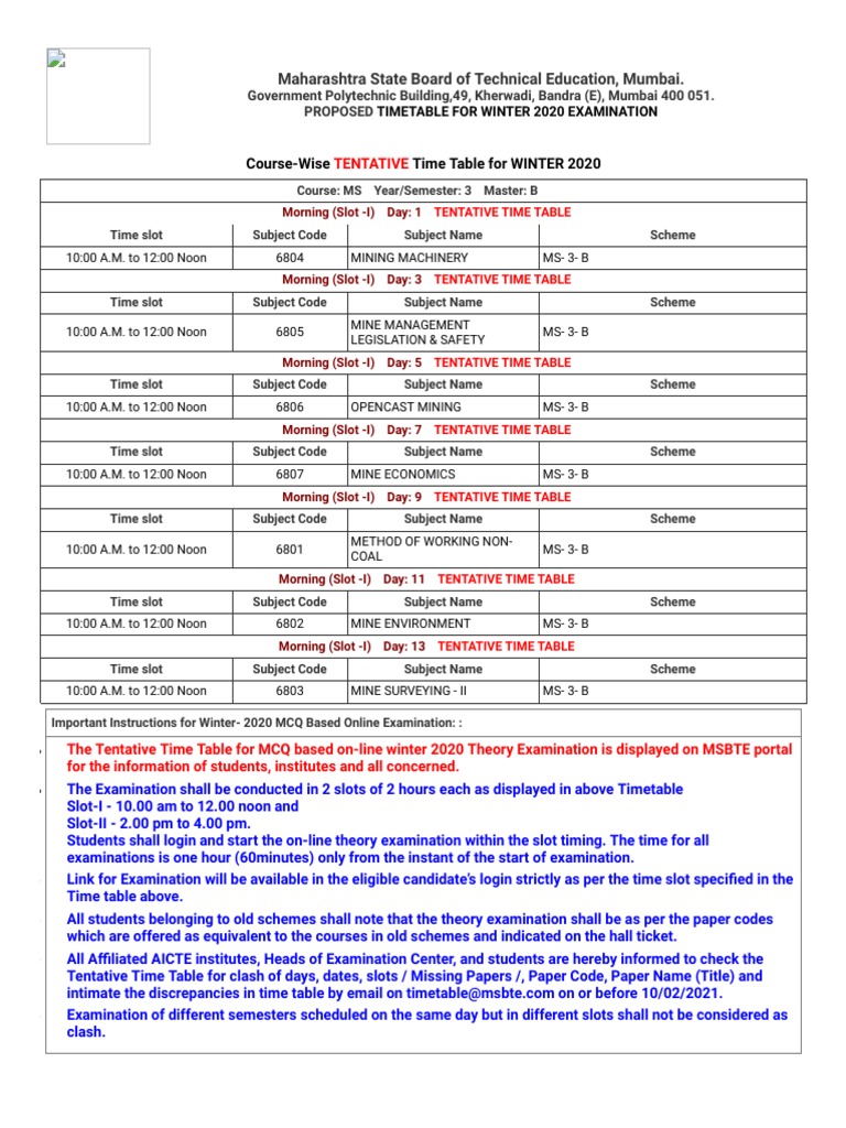 MSBTE Time Table For WINTER 2020 Examination | PDF