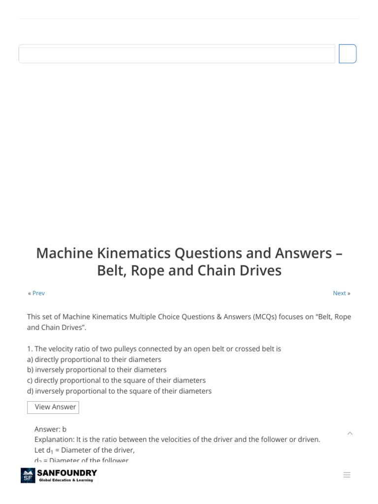Belt, Rope & Chain Drives - Machine Kinematics Questions and Answers ...