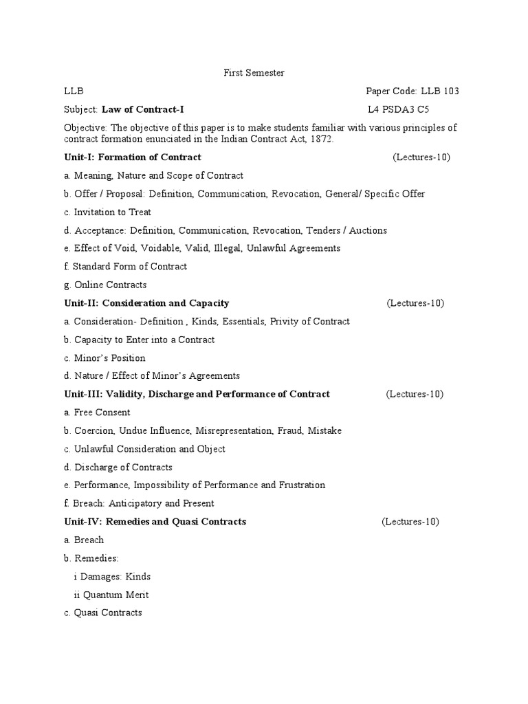 Law of Contract-I Syllabus LLB 1st Sem | PDF | Law