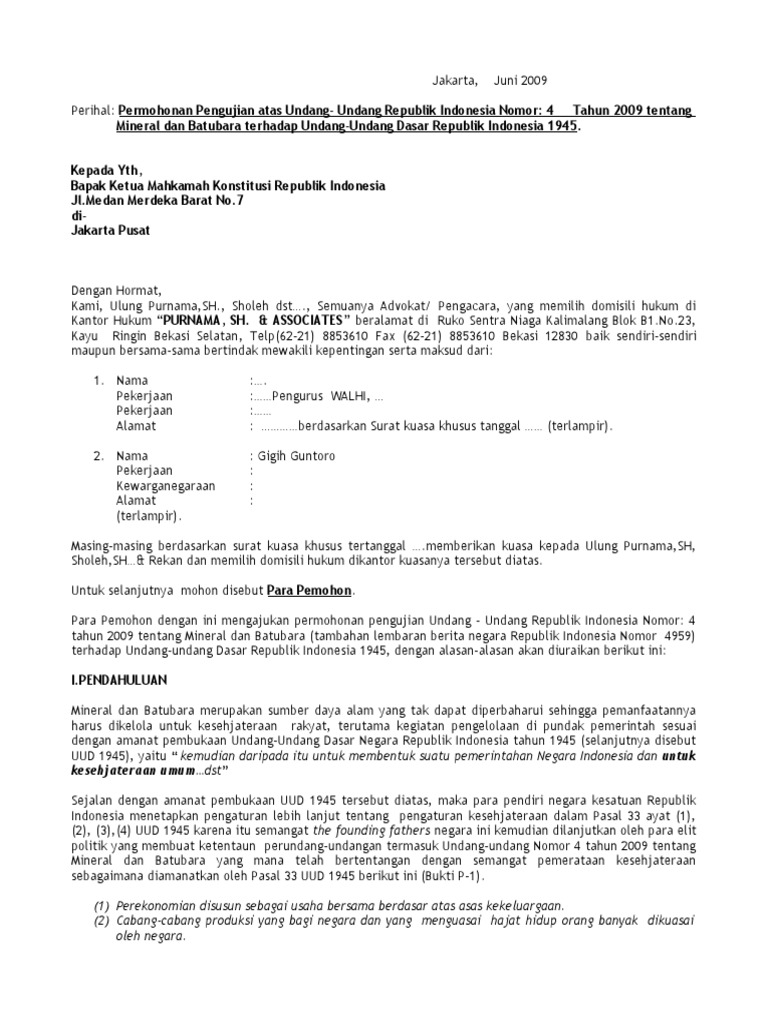 Contoh Permohona Uji Materi Di Mahkamah Konstitusi | PDF