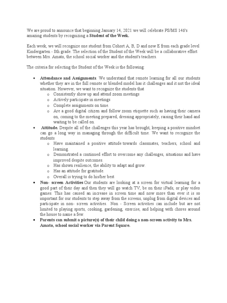 PS/MS 146 Student of the Week Program | PDF