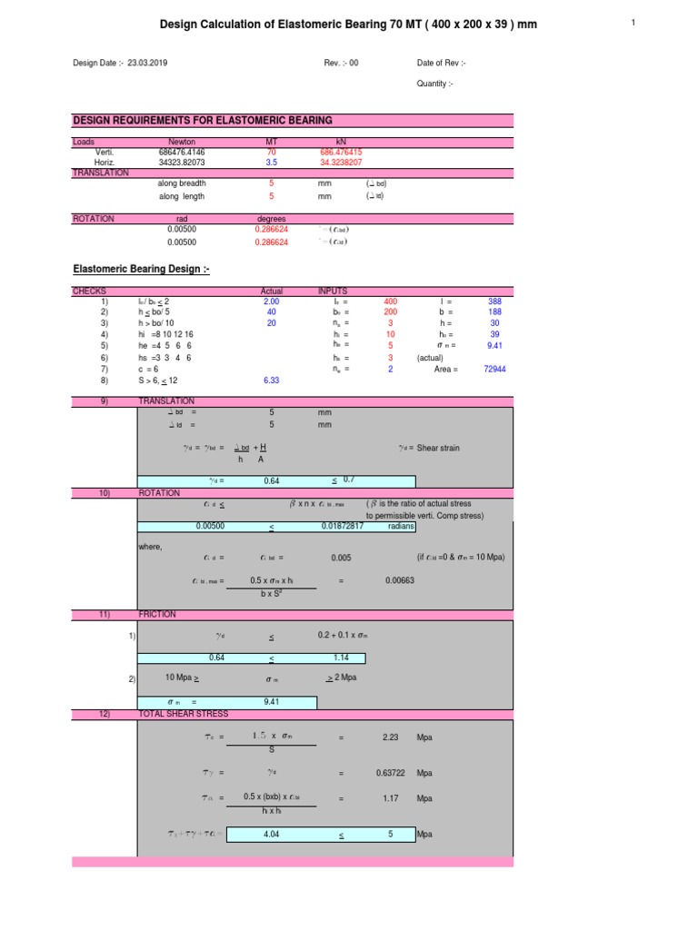 Elastomeric Bearing Design Calculation - 70 MT (400 X 200 X 39) MM ...