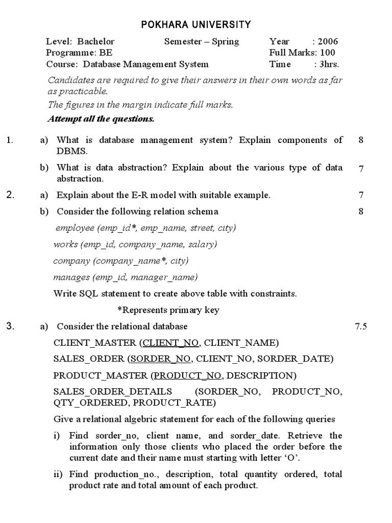 Database Management Systems Exam Questions Covering Relational Database Concepts, Normalization ...