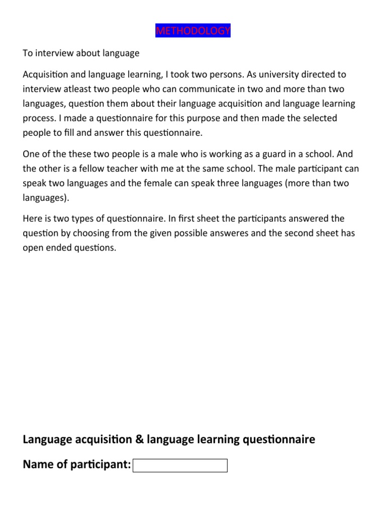 Methodology: Language Acquisition & Language Learning Questionnaire ...