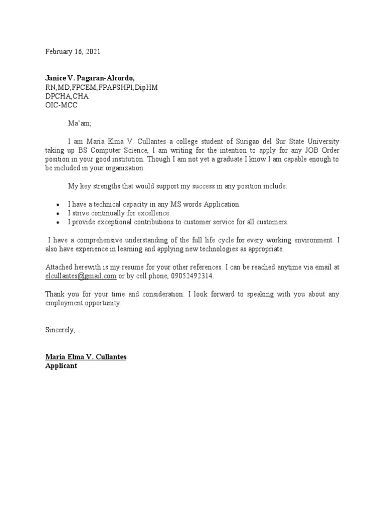 Application Letter - JOB Order | PDF