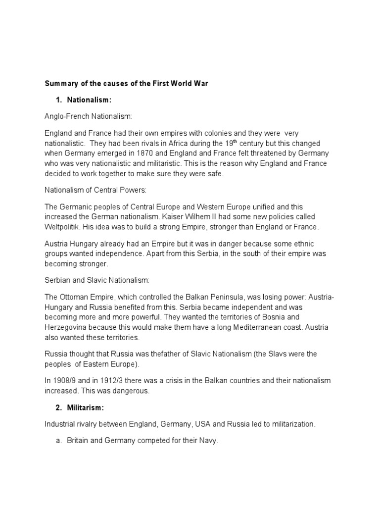 Summary of The Causes of The First World War | PDF | Allies Of World ...