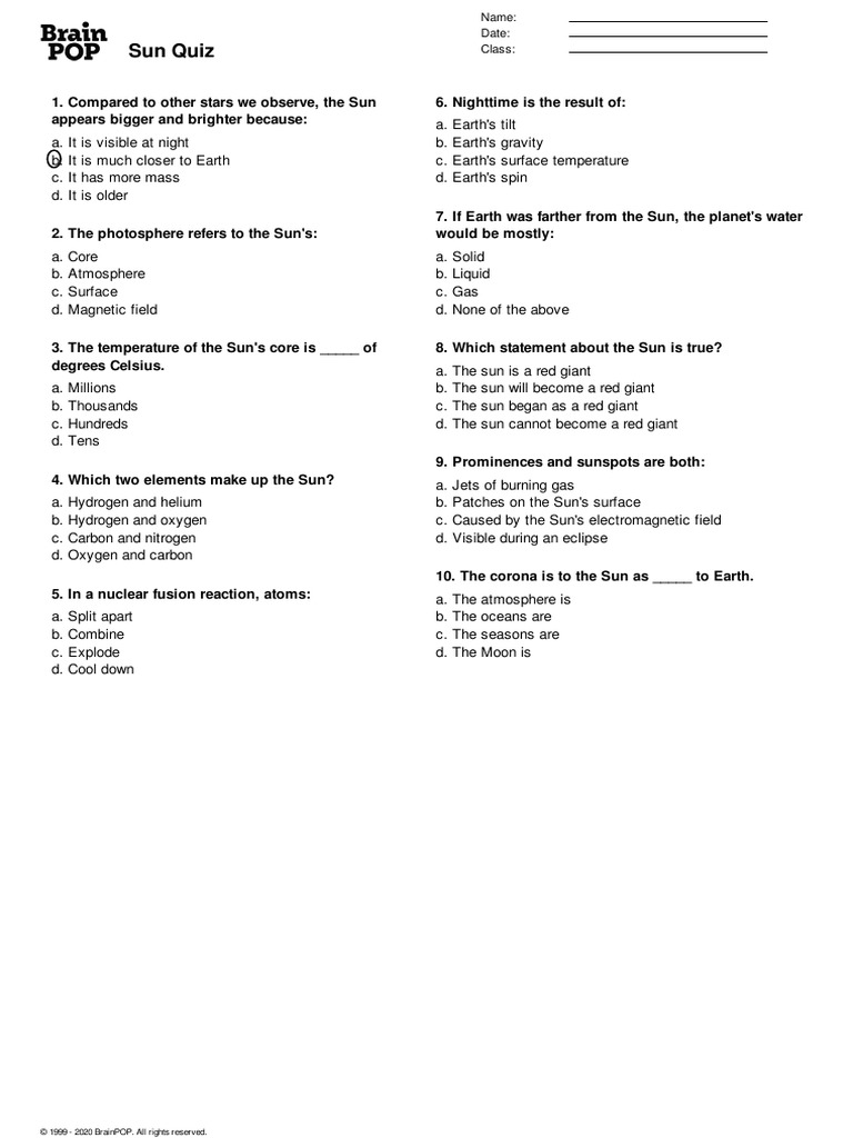 BrainPOP Sun Quiz | PDF | Science & Mathematics