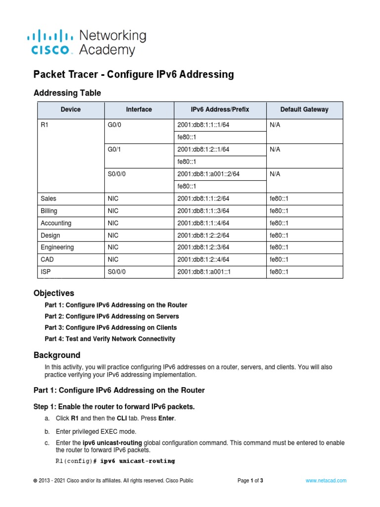 Packet Tracer - Configure Ipv6 Addressing | PDF | I Pv6 | Internet ...