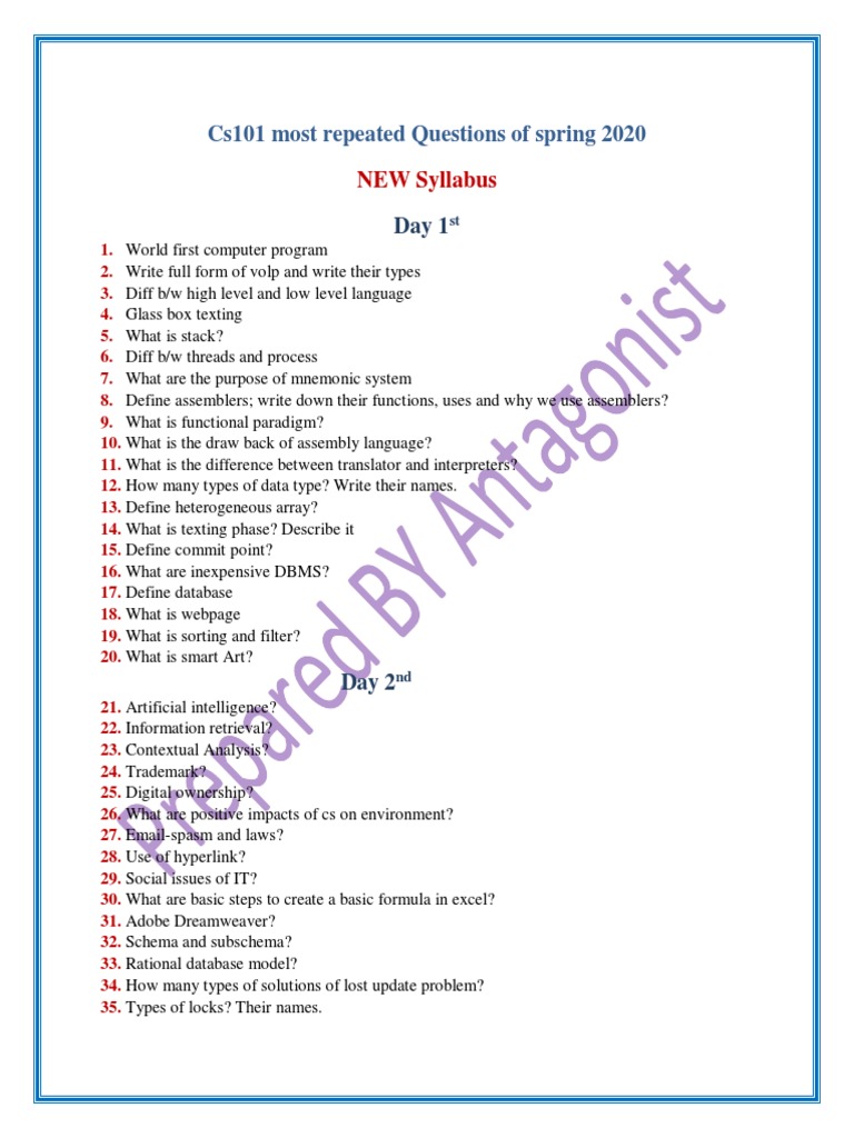 Cs101 Most Repeated Questions of Spring 2020: NEW Syllabus | PDF | Databases | Microsoft Excel