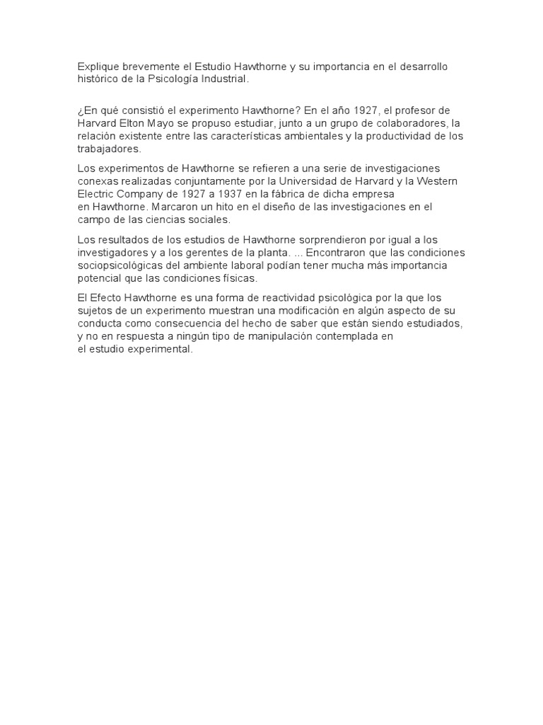 Explique Brevemente El Estudio Hawthorne y Su Importancia en El | PDF