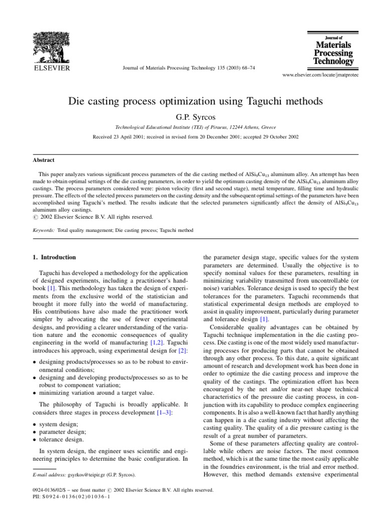Die Casting Process Optimization Using Taguchi Methods: G.P. Syrcos | Download Free PDF ...