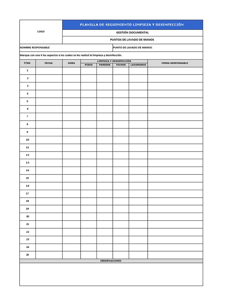 Planilla de Limpieza y Desinfección | PDF