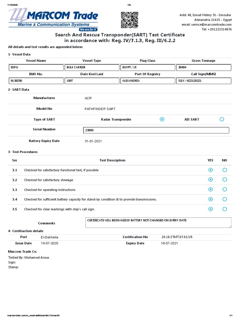 Search and Rescue Transponder (SART) Test Certificate in Accordance ...