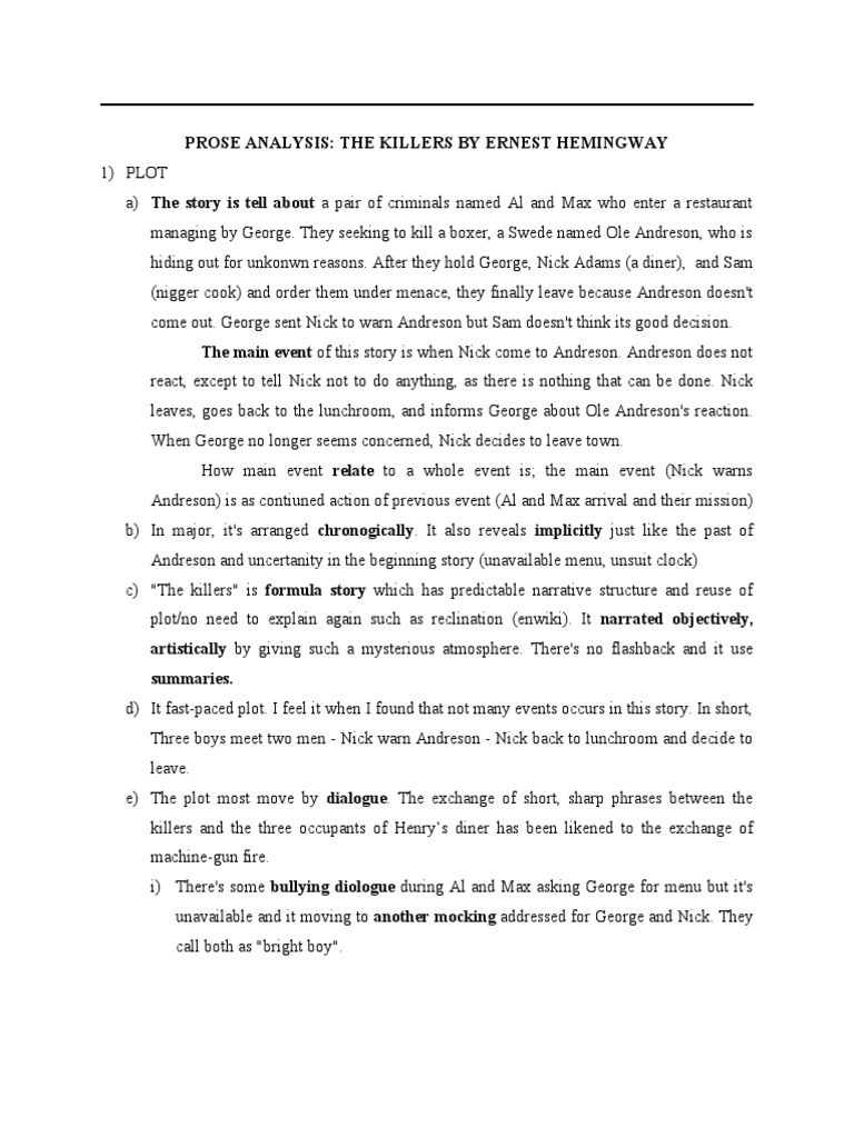 Prose Analysis The Killers by Ernest Hemingway | PDF