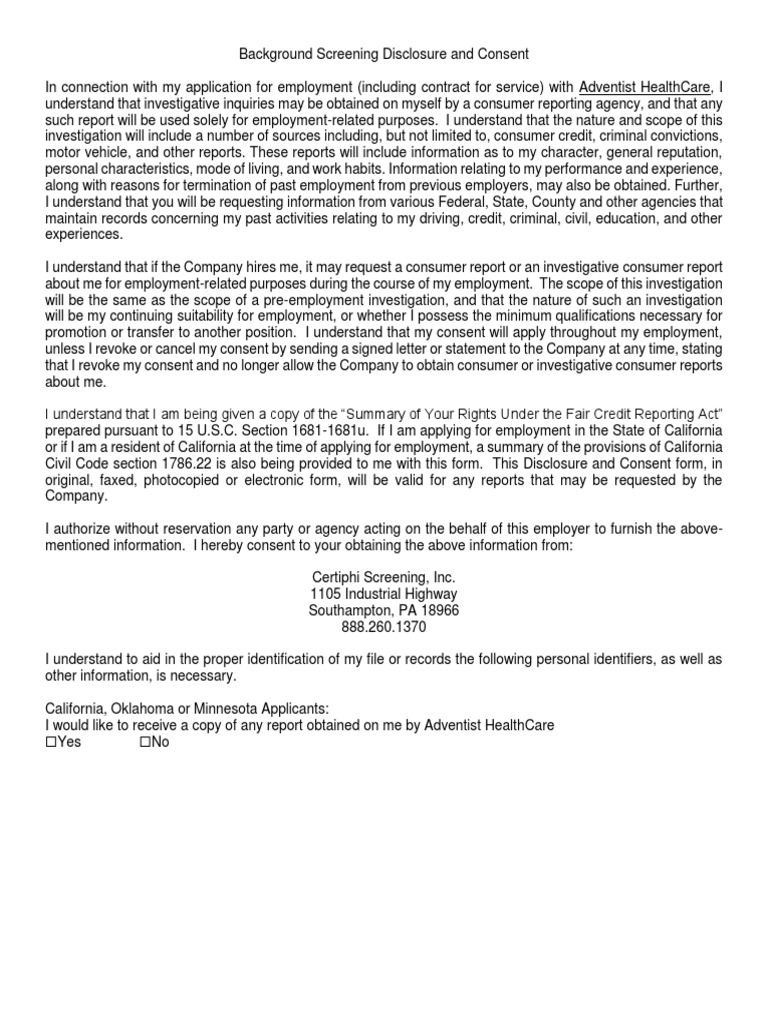 Background Screening Disclosure and Consent | PDF | Background Check ...
