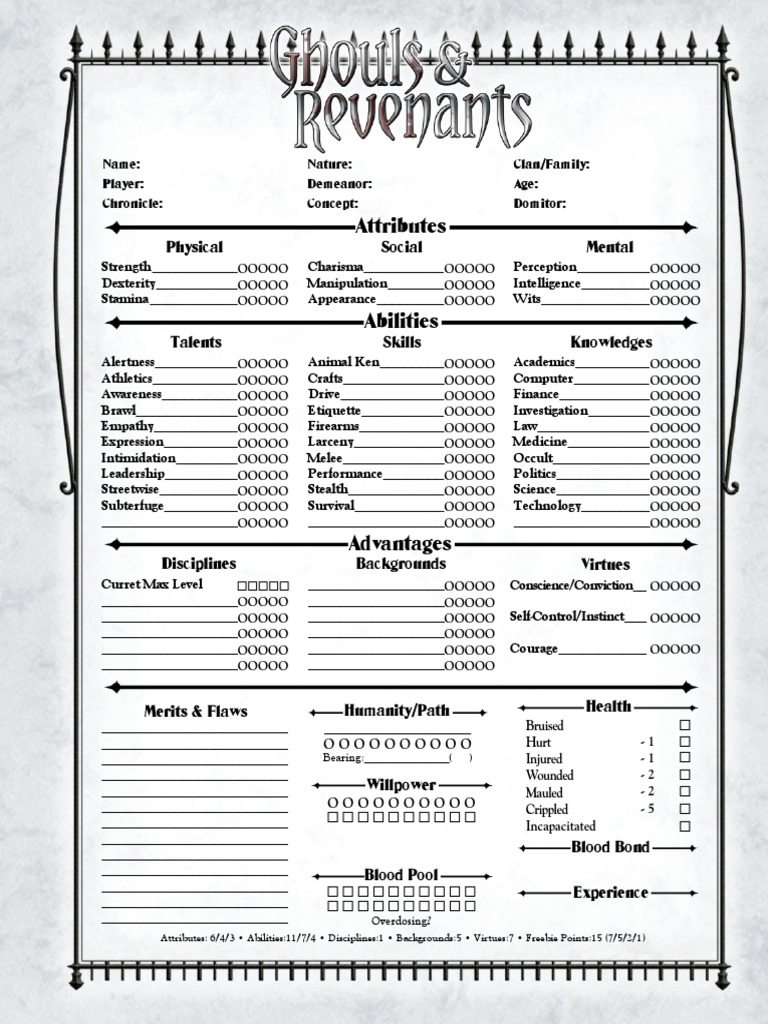 V20 Ghouls Revenants Sheet | PDF | Psychology | Human Nature