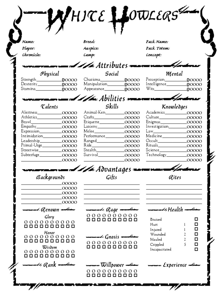 W20 White Howlers 4 Page Character Sheet | PDF | Leisure