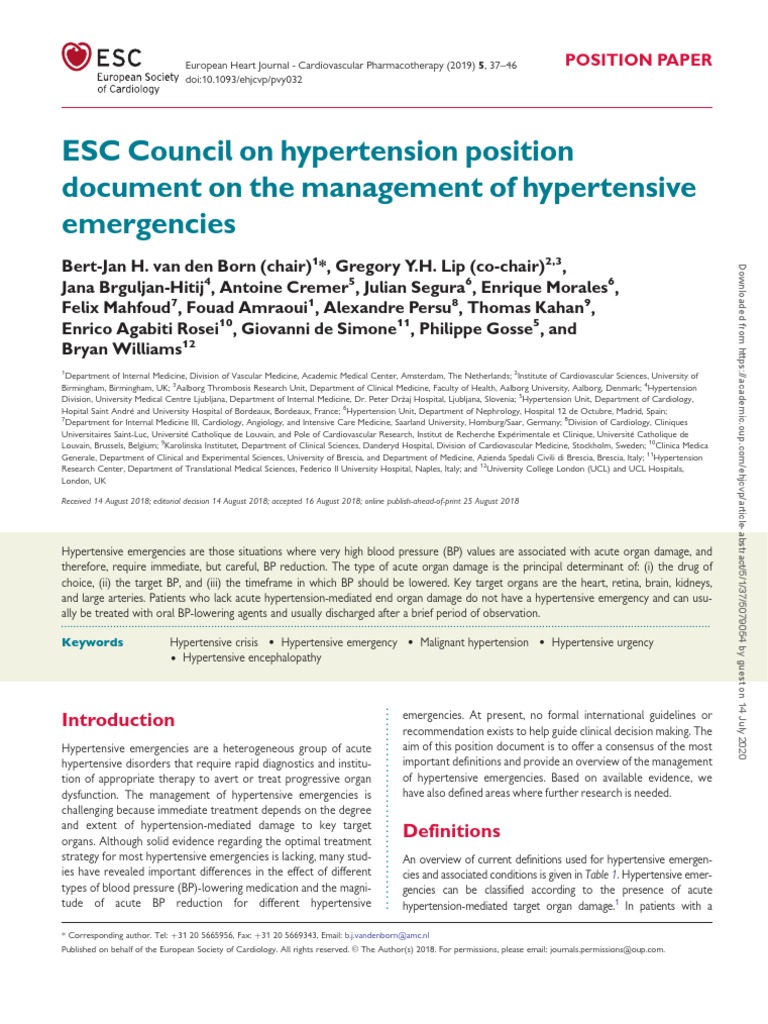 ESC Council On Hypertension Position Document On Themanagement of ...