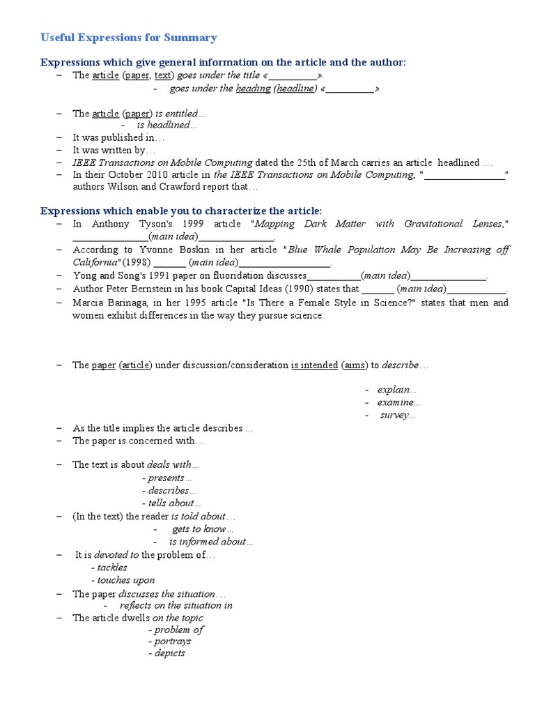 Useful Phrases For Summary | PDF