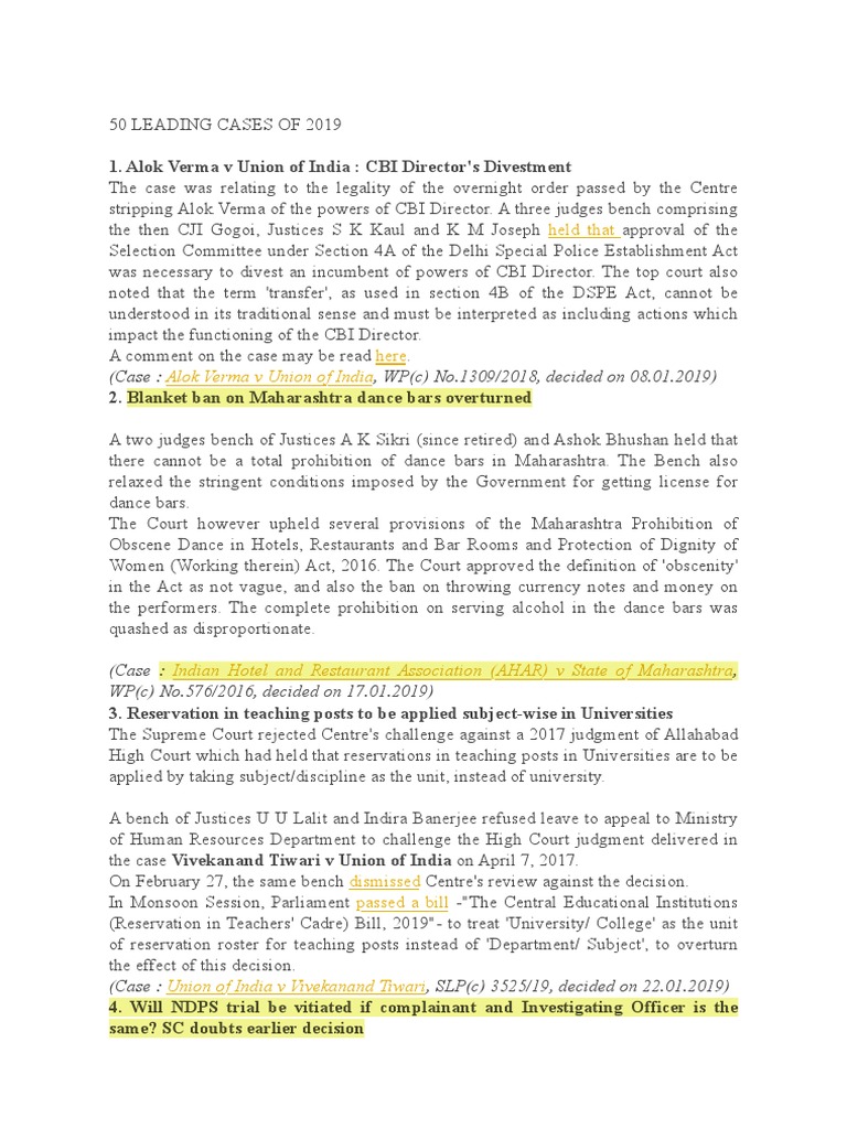 50 Leading Cases of 2019 | PDF | Supreme Court Of India | Judgment (Law)