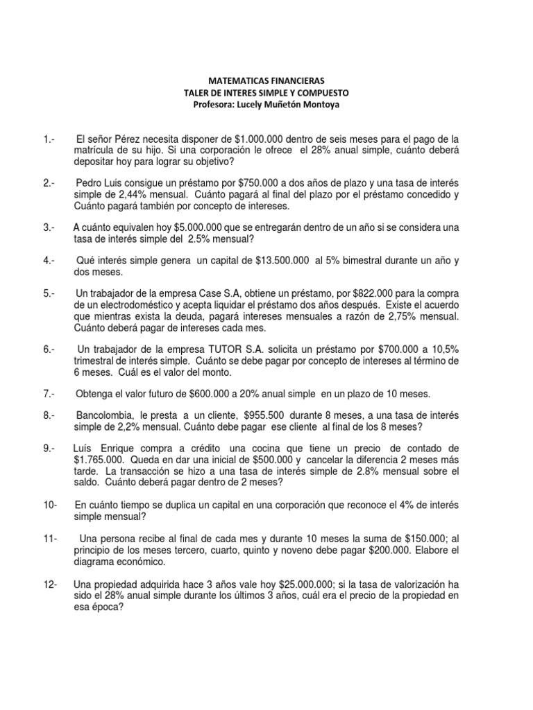 Taller Interes Simple para Repaso 11 | PDF | Interés | Servicios financieros