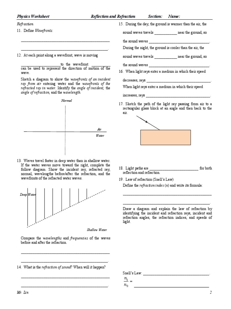 Physics Worksheet Reflection and Refraction Section: Name | PDF ...