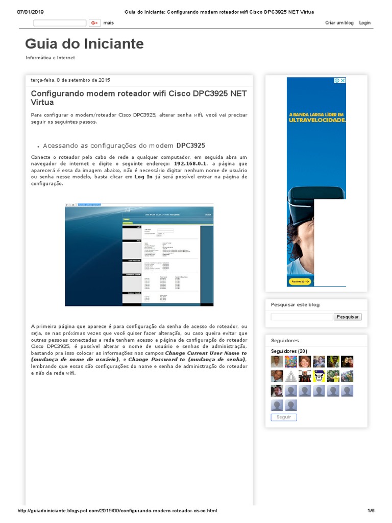 Guia Do Iniciante - Configurando Modem Roteador Wifi Cisco DPC3925 NET ...