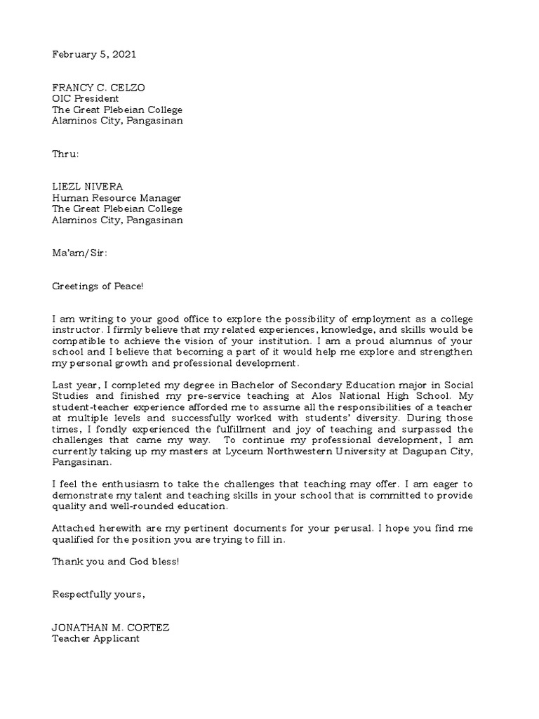 Letter of Application GPC 1111111 | PDF | Teachers | Teaching
