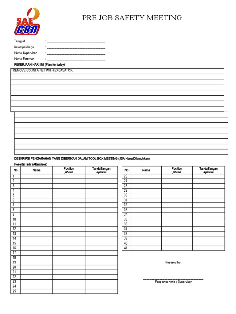 Pre Job Safety Meeting MEETING | PDF