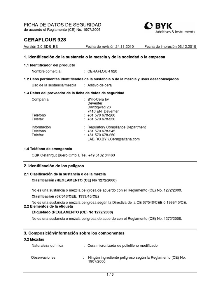MSDS Ceraflour 928 BYK Esp | PDF | Residuos | Seguridad y salud ocupacional