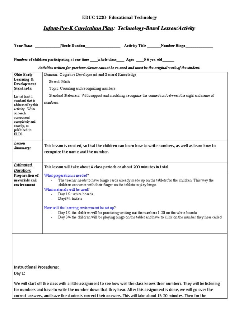 Number Bingo Lesson Plan for Preschool | PDF | Differentiated ...