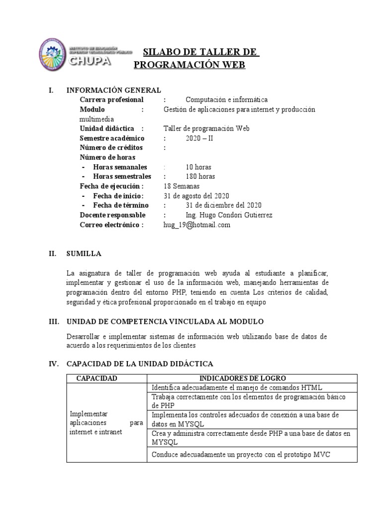 Silabo de Taller de Programacion Web | PDF | Php | Aplicación web