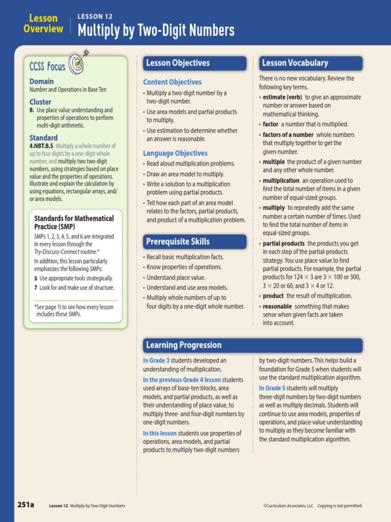 Lesson 12 - Multiplying by Two-Digit Numbers | PDF | Multiplication ...
