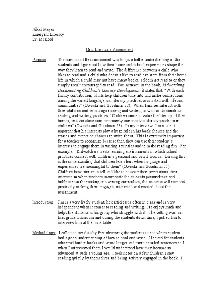 Oral Language Assessment in Literacy | PDF | Literacy | Communication