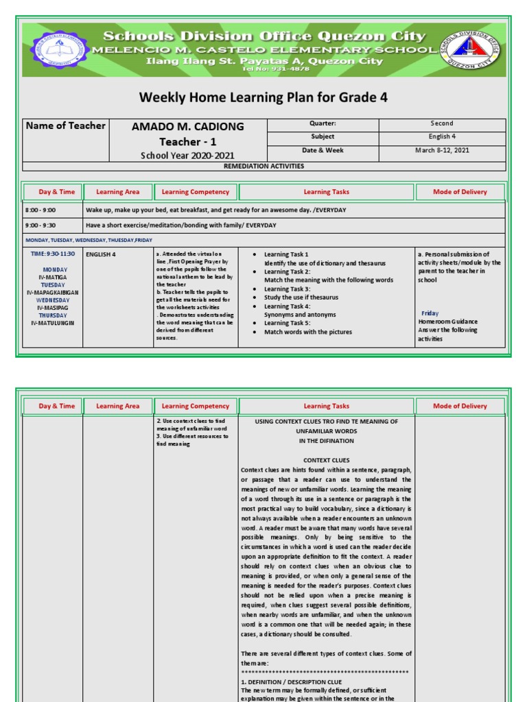 Grade 4 English Learning Plan | PDF | Definition | Word