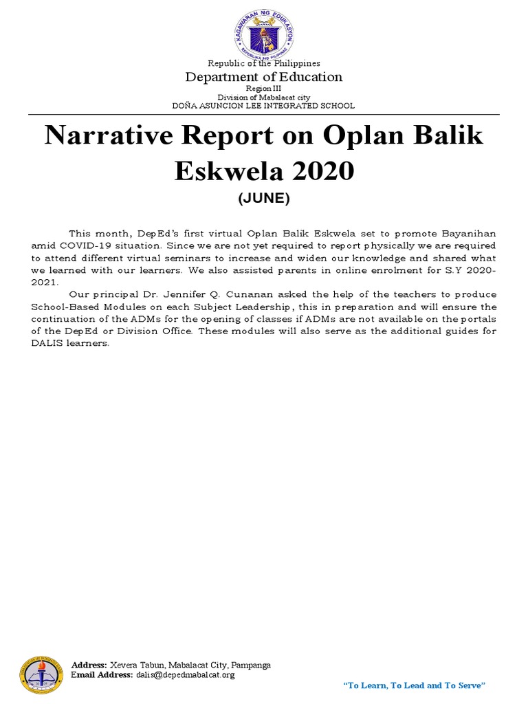 Tolentino Narrative Report Oplan Balik Eskwela 2020 2021 | PDF ...