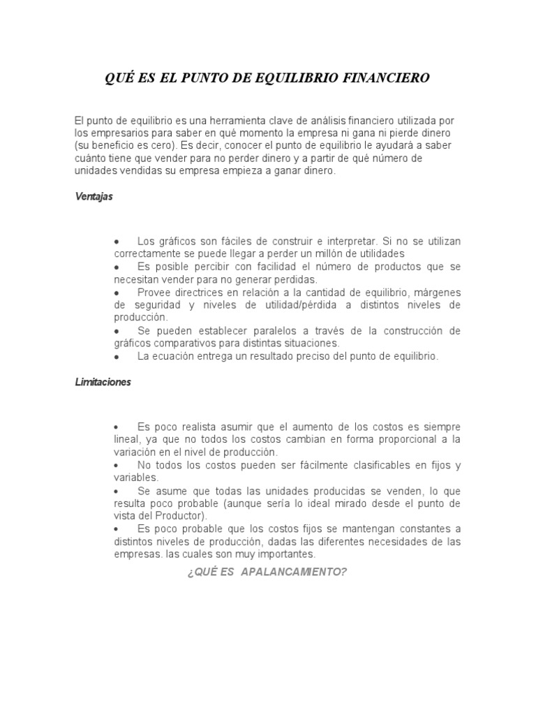 El Punto de Equilibrio Financiero | Descargar gratis PDF | Apalancamiento (Finanzas) | Ciencias ...
