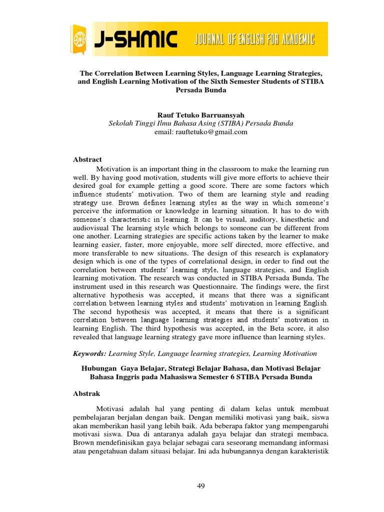 The Correlation Between Learning Styles, Language Learning Strategies, and English Learning ...