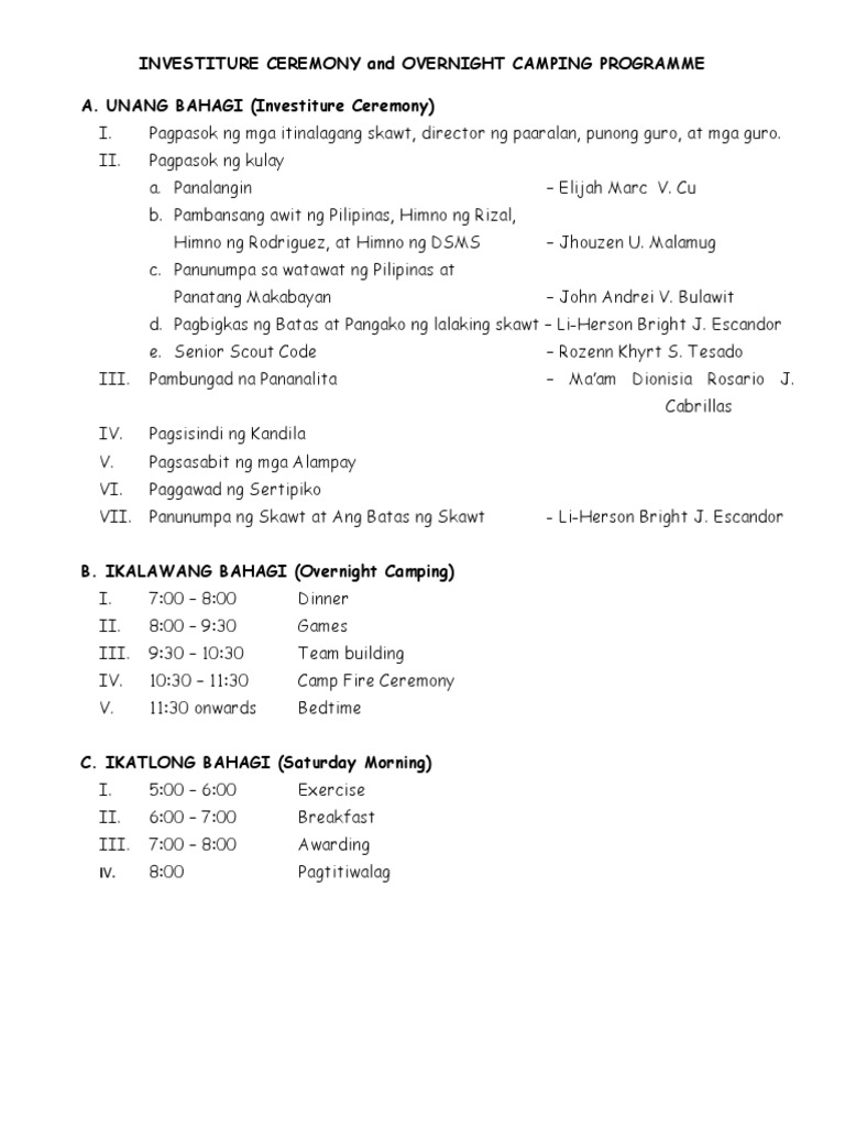 Investiture Ceremony and Overnight Camping Programme | PDF