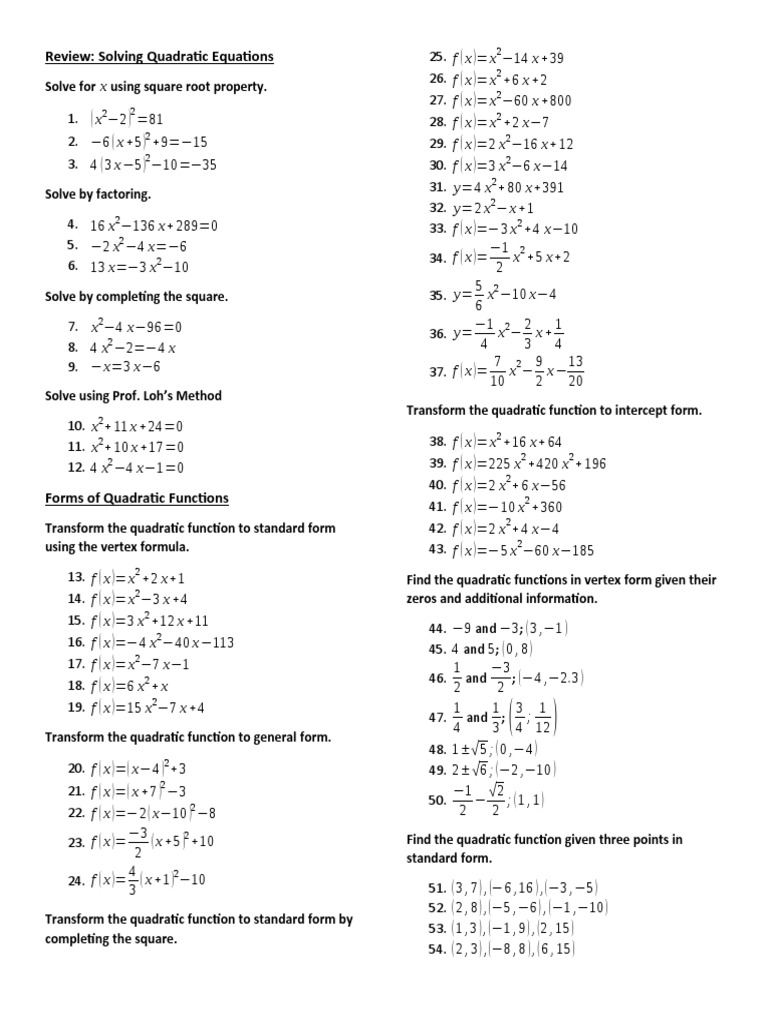 Quadratic Equations and Functions Review | PDF | Quadratic Equation ...