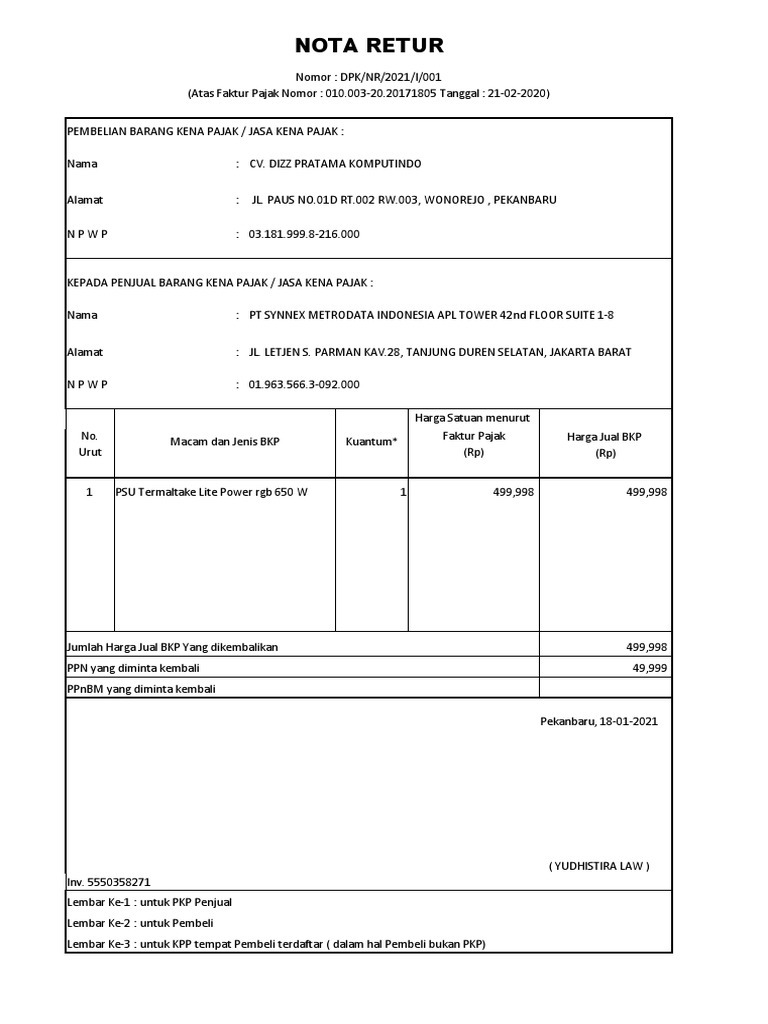 Nota Retur Synnex Jan | PDF