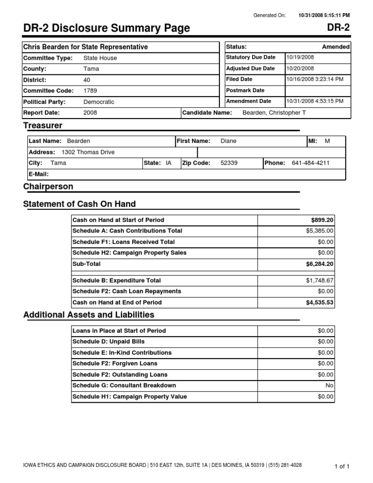 Chris Bearden Campaign Financial Report | PDF | Finance (General ...