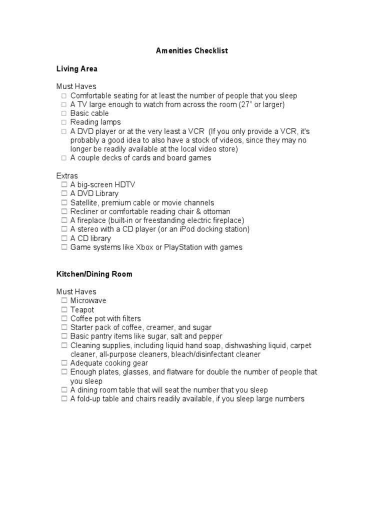 Amenities Checklist Living Area | PDF | Tableware | Dutch Oven
