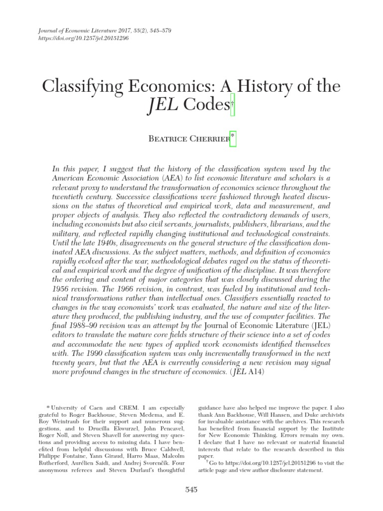 2017 - History of JEL Classification - Cherrier | PDF | Economics ...