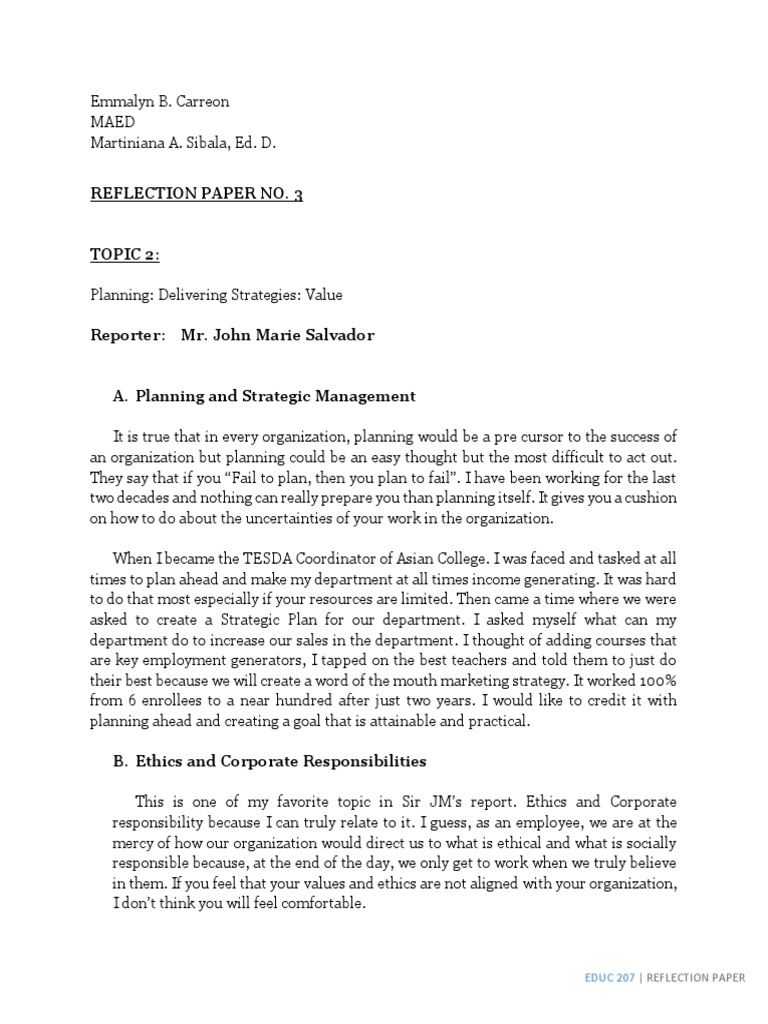 Reflection No. 3 - Planning Delivering Strategies by Emmalyn Carreon ...