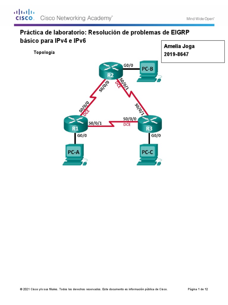 7.2.3.6 Lab - Troubleshooting Basic EIGRP For IPv4 and IPv6 | PDF | Yo Pv6 | Enrutador (Computación)