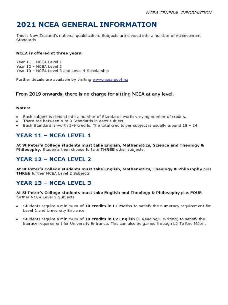 An Overview of NCEA Subject Options and Requirements at St Peter's ...