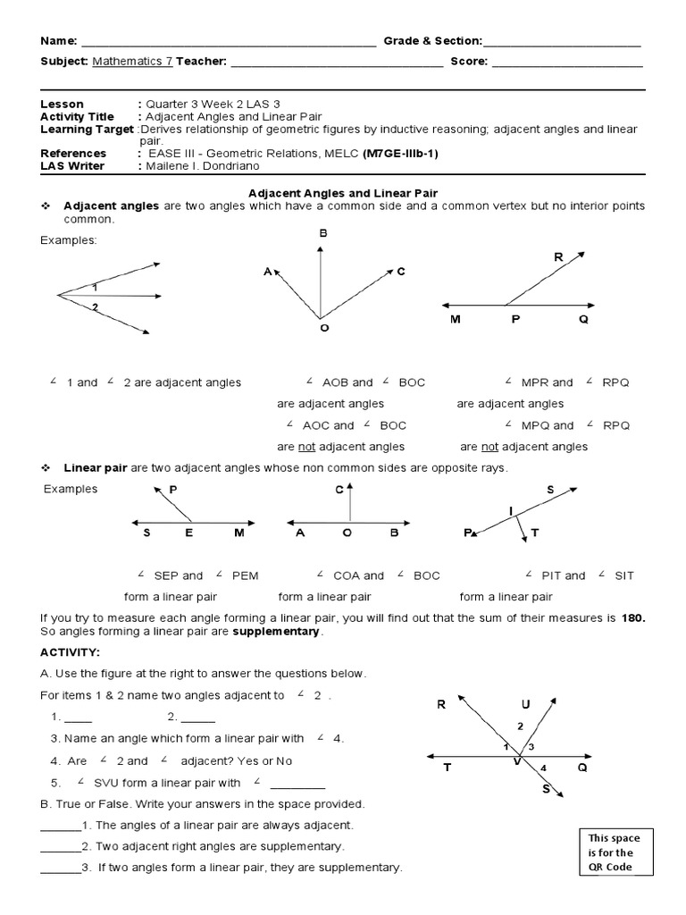 Math 7 Q3 Week-2 Las-3 | PDF | Angle | Geometry