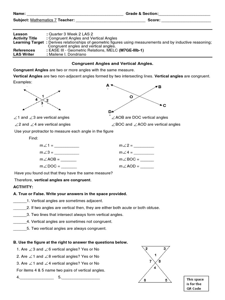 Math 7 Q3 Week-2 Las-2 | PDF | Angle | Geometric Measurement