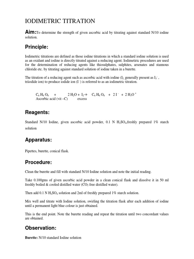Iodimetric Titration: Aim: Principle | PDF | Iodine | Titration
